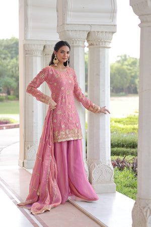Nura Pink Color Fendy Silk Rich Sequins Embroidered Work Kurti Sharara