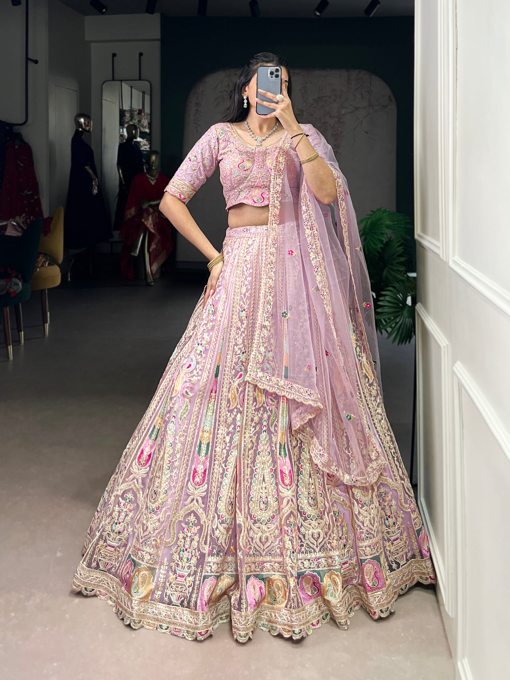 Yashvi Lavender Net Sequins Thread Embroidery Lehenga Choli with Dupat ...