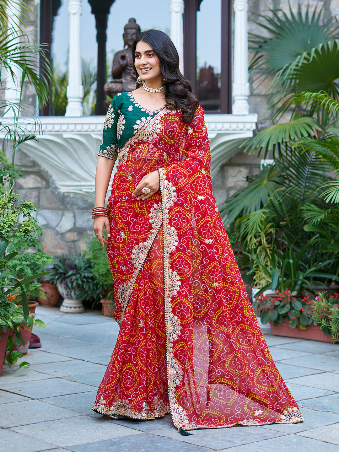 Mrinalini Red Color Gota Patti Work Pure Bandhani Saree – Trinari