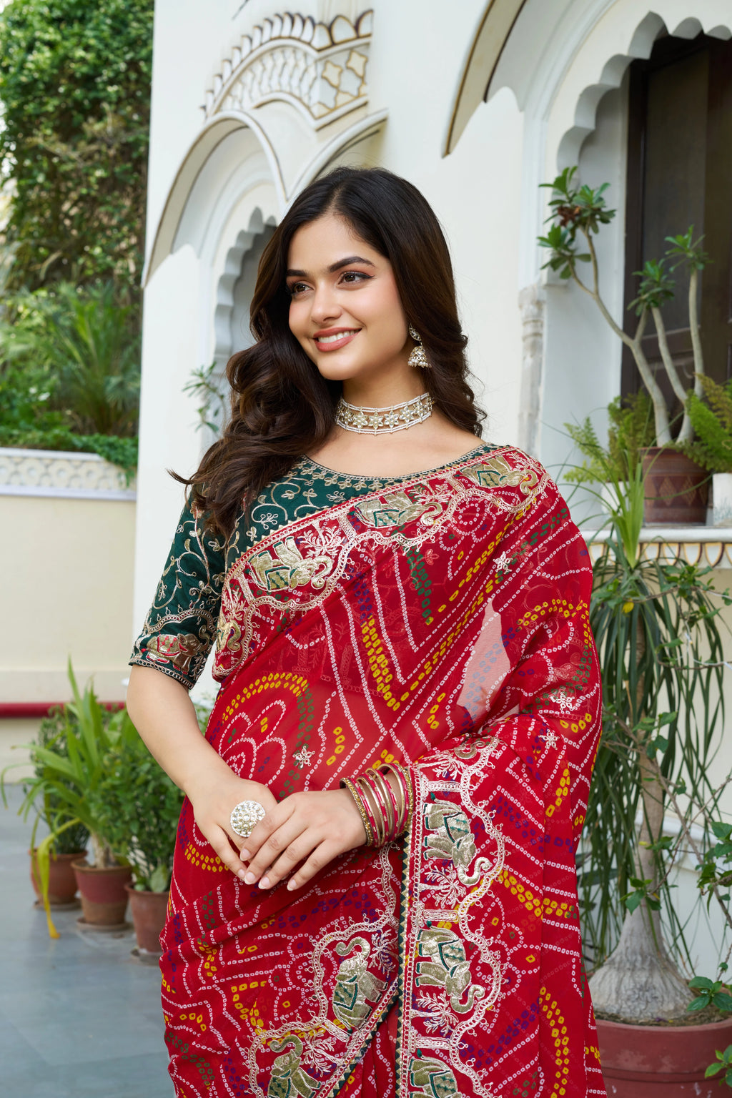 Mrinalini Red Gota Patti Work Pure Bandhani Saree – Trinari