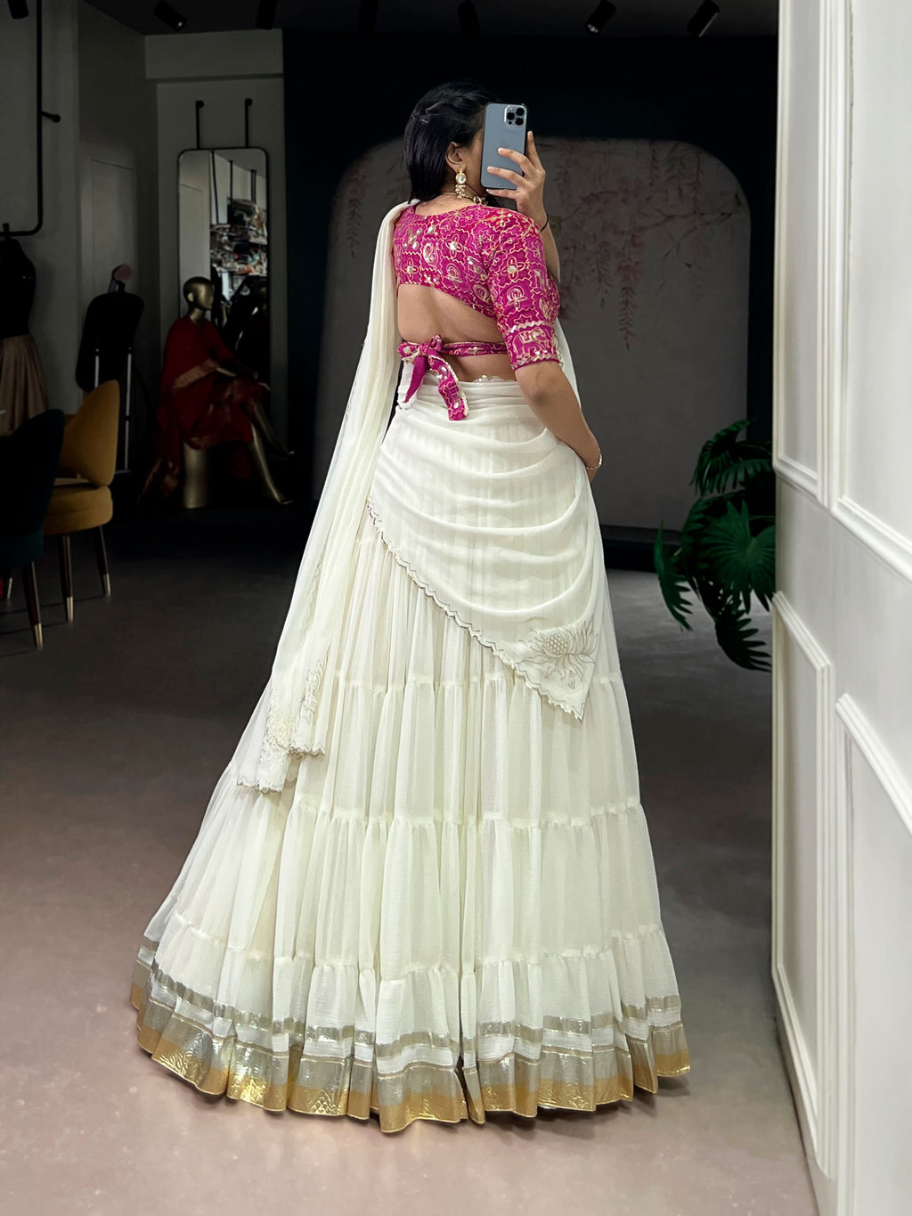 Prachi White Marbel Embossed Design Lace Gota Patti Half Saree Lehenga ...