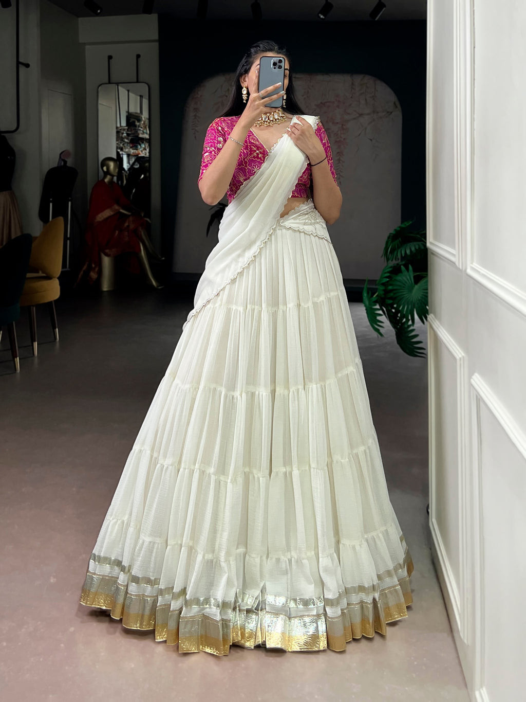 Prachi White Marbel Embossed Design Lace Gota Patti Half Saree Lehenga ...