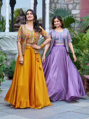 Mustard Yellow Vichitra Silk Lehenga Choli with Embroidery Koti